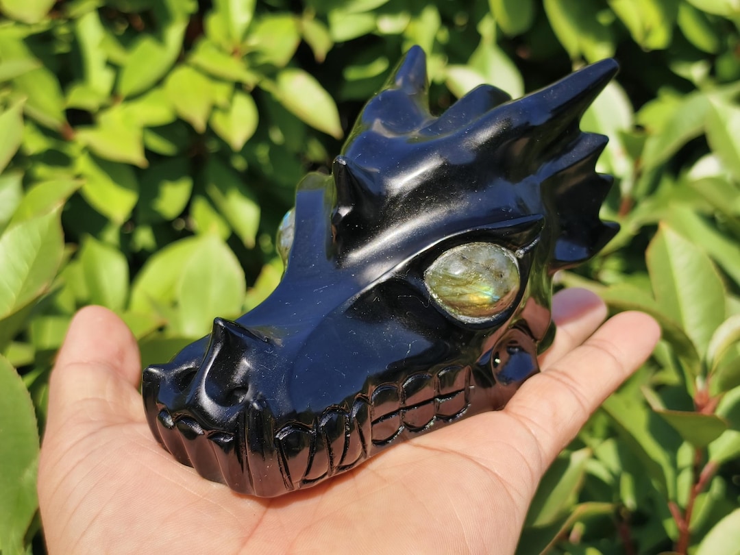 Black Obsidian Dragon Skull With Labradorite Eyes Gothic Fantasy Decor ...