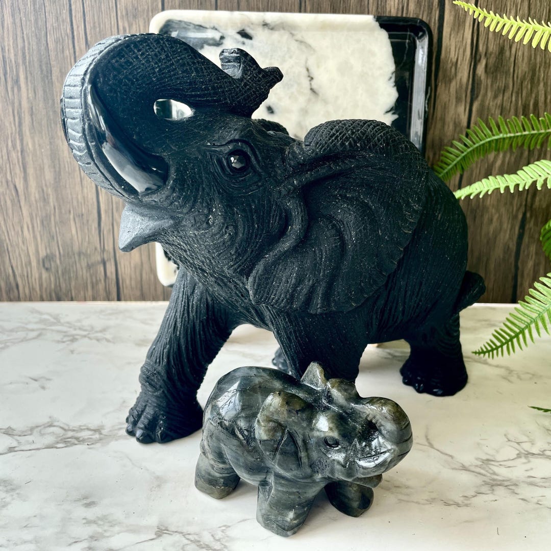 Mother and Baby Elephant Set, Obsidian Elephant Figurine, Labradorite ...