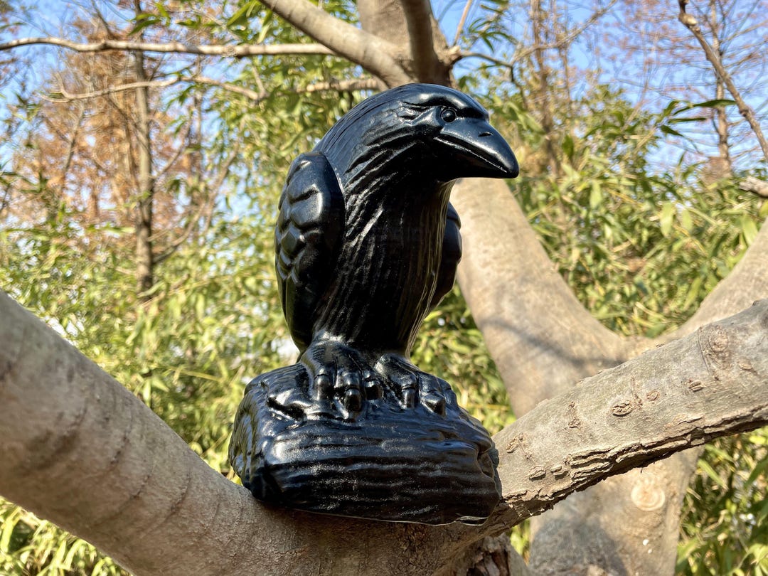 6.1 LBS Obsidian Raven Sculpture, Handcrafted Natural Black Obsidian ...