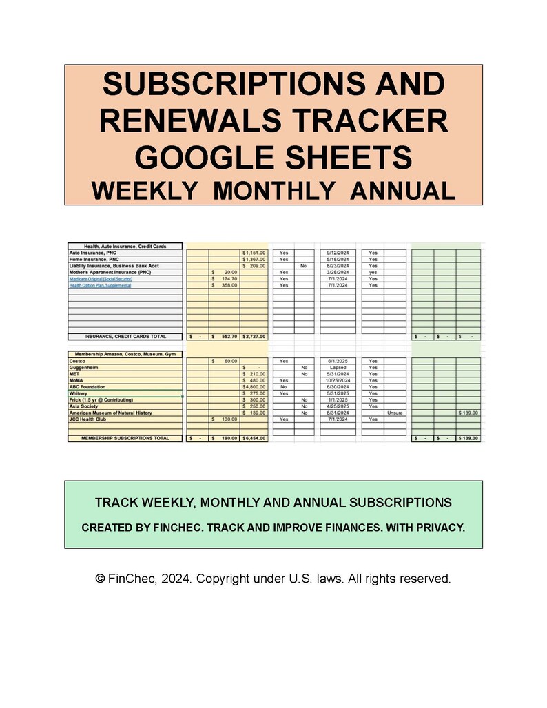 Subscription and Renewals Tracker (for Google Sheets) - Etsy
