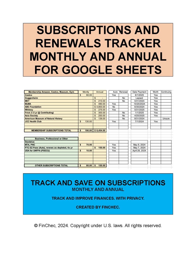 Subscription and Renewals Tracker - Monthly & Annual, Google Sheets ...