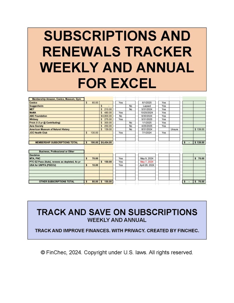 Subscription and Renewals Tracker - Weekly and Annual - Etsy UK