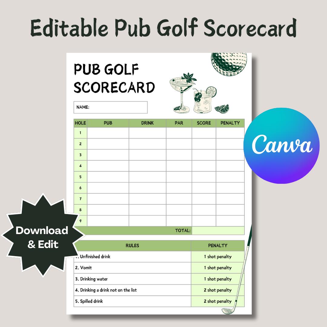 Pub Golf Scorecard | Editable Template | Pub Games | Bar Crawl ...