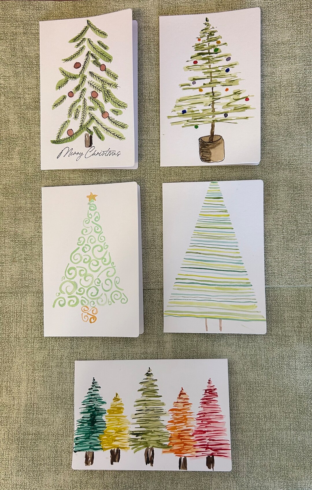 Hand Painted Watercolor Holiday Tree Blank Cards With Envelopes. Set 2 ...