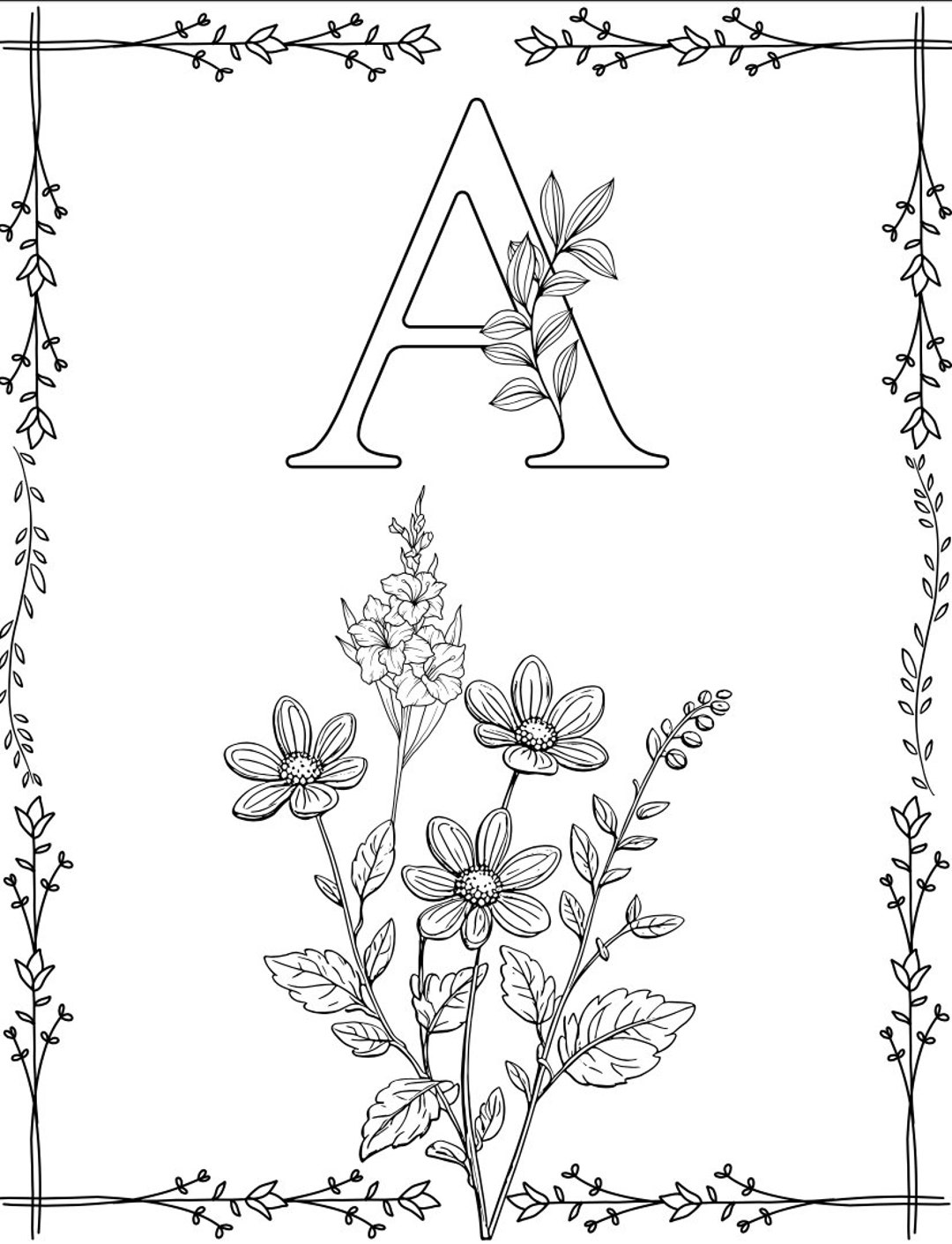 Floral Coloring Page With Initial for Decor - Etsy