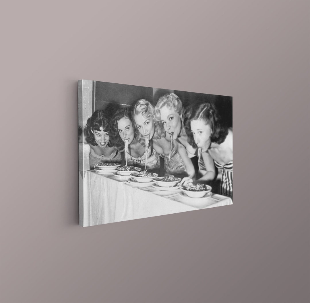 Women Eating Pasta Canvas, Spaghetti Poster, Black and White, Vintage ...
