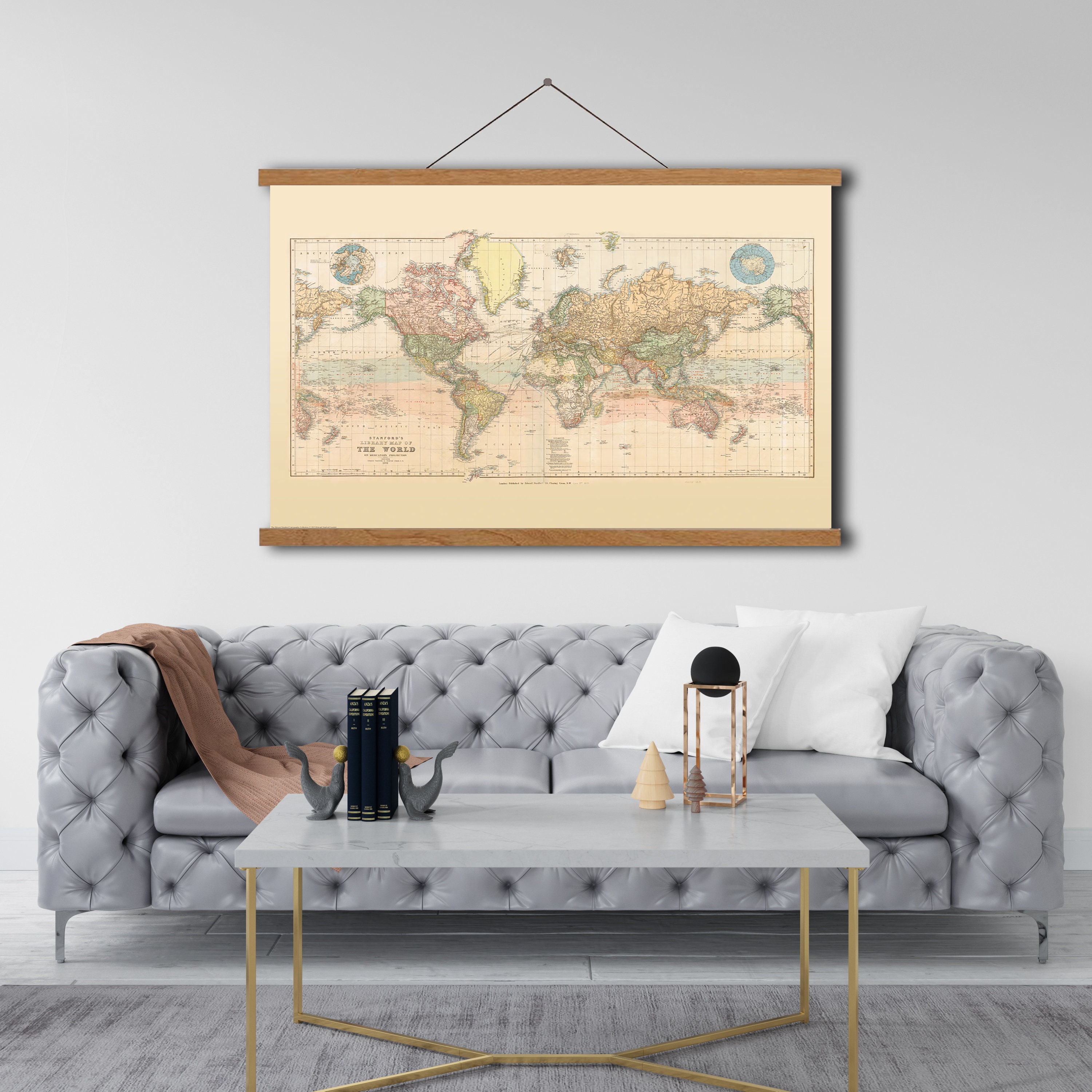 Framed Stanford's World Map Canvas, Vintage Atlas 1898 Mercator ...