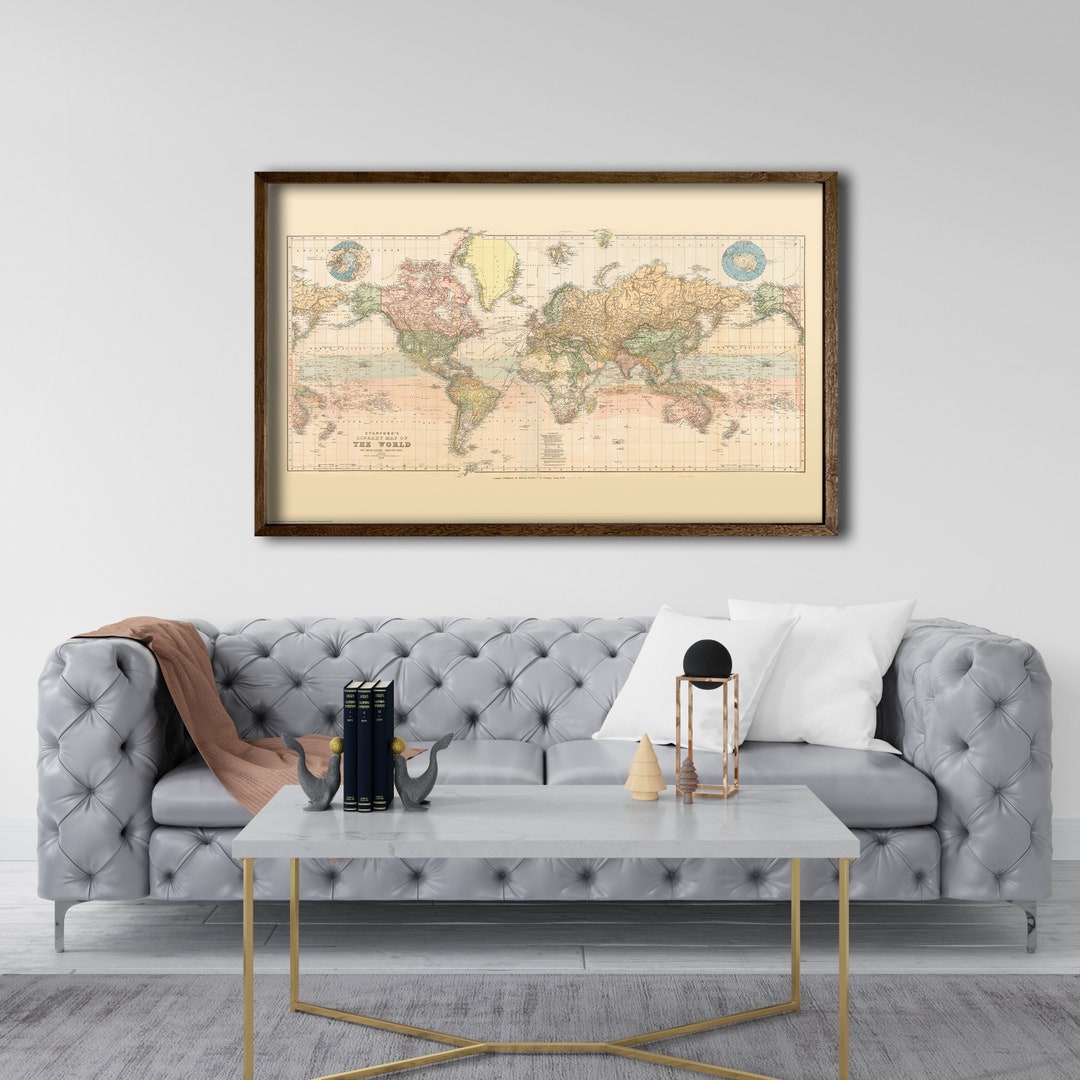 Framed Stanford's World Map Canvas, Vintage Atlas 1898 Mercator ...
