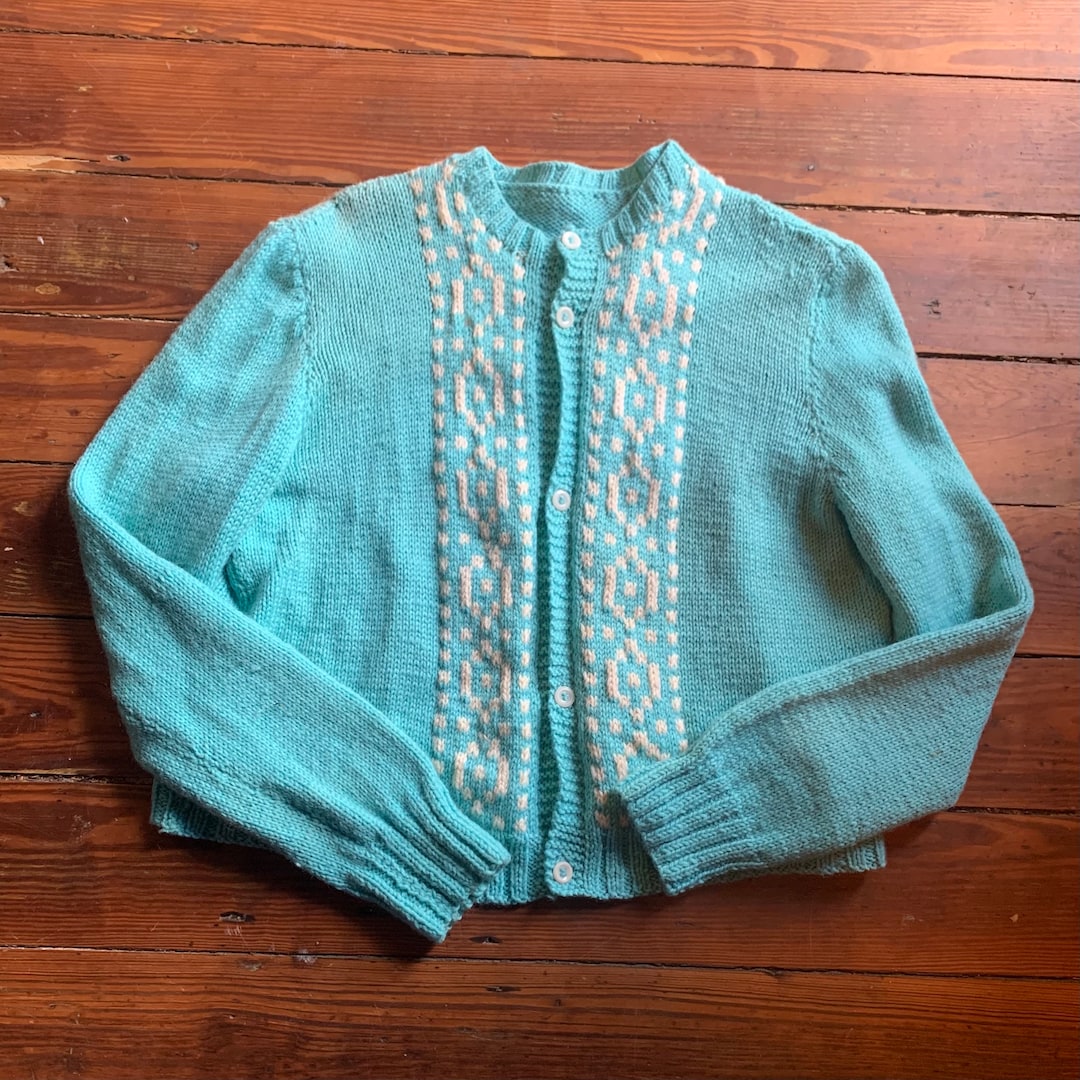 Vintage MCM 1950s Handknit Turquoise & White Wool Sweater/mid Century ...