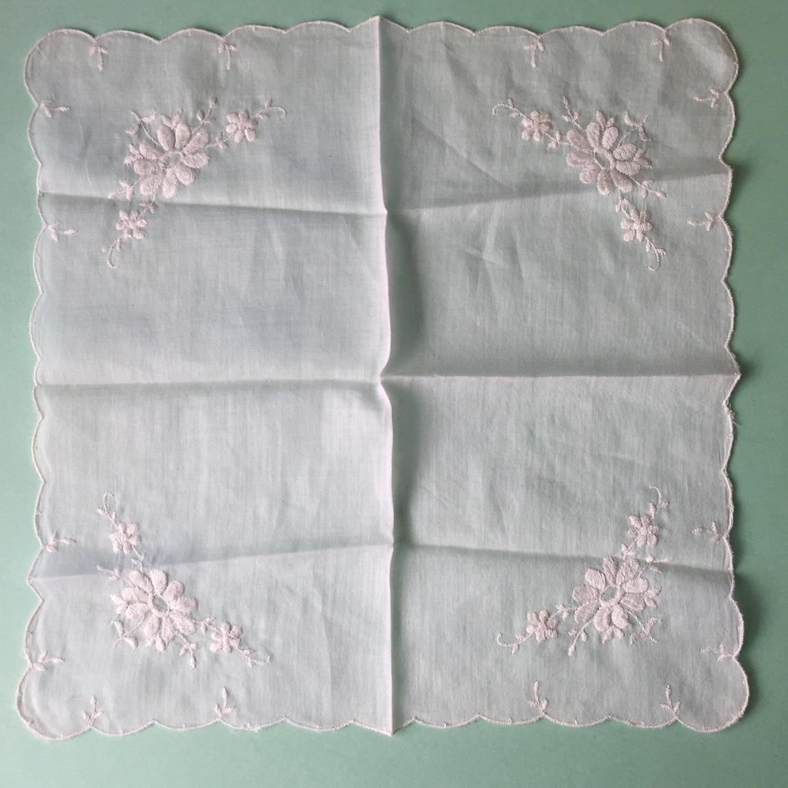 Vintage Linen Handkerchief, Hand Embroidered With Flowers in Four ...