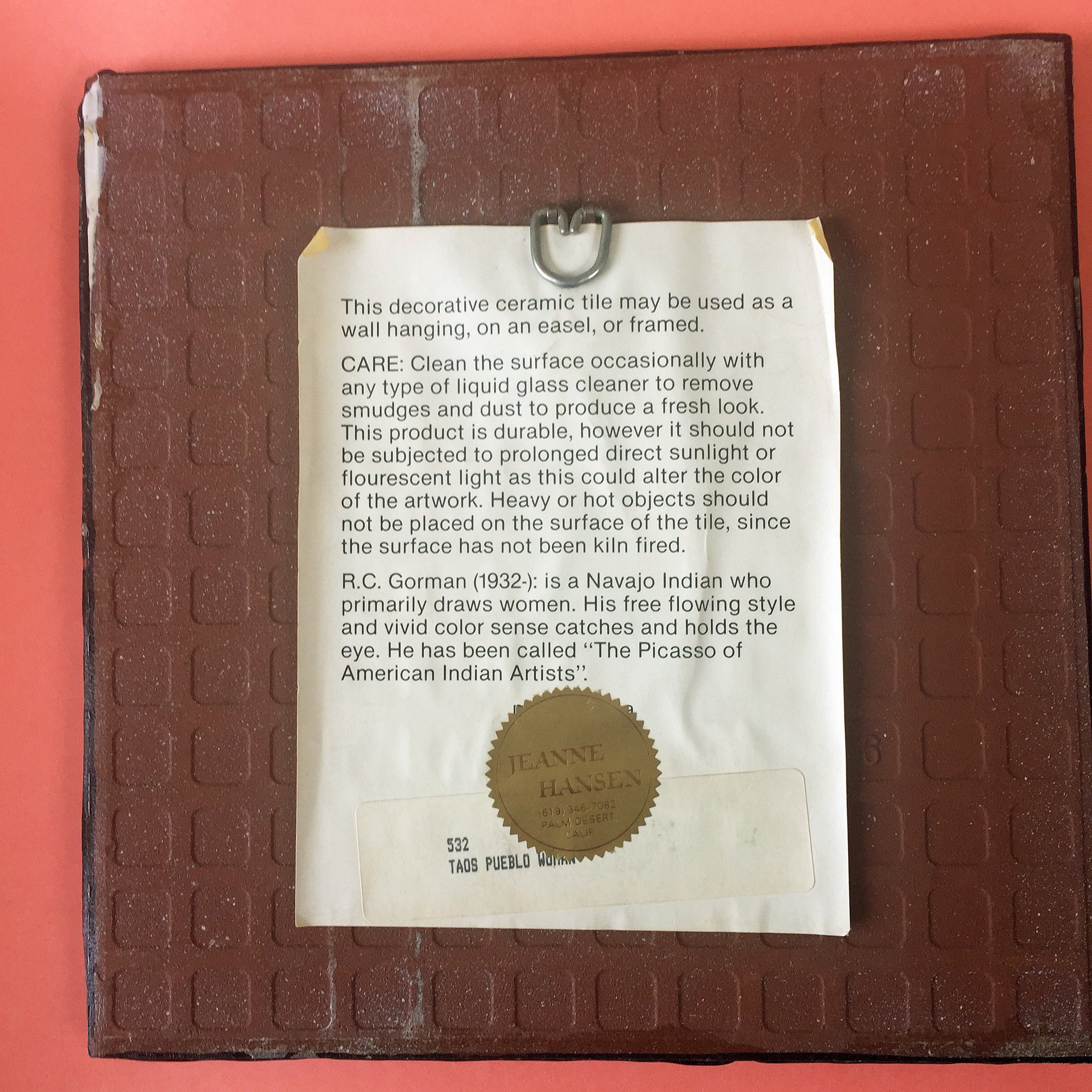 R.C. GORMAN CERAMIC TILE, Taos Pueblo Woman 1977, Navajo Nation Artist ...