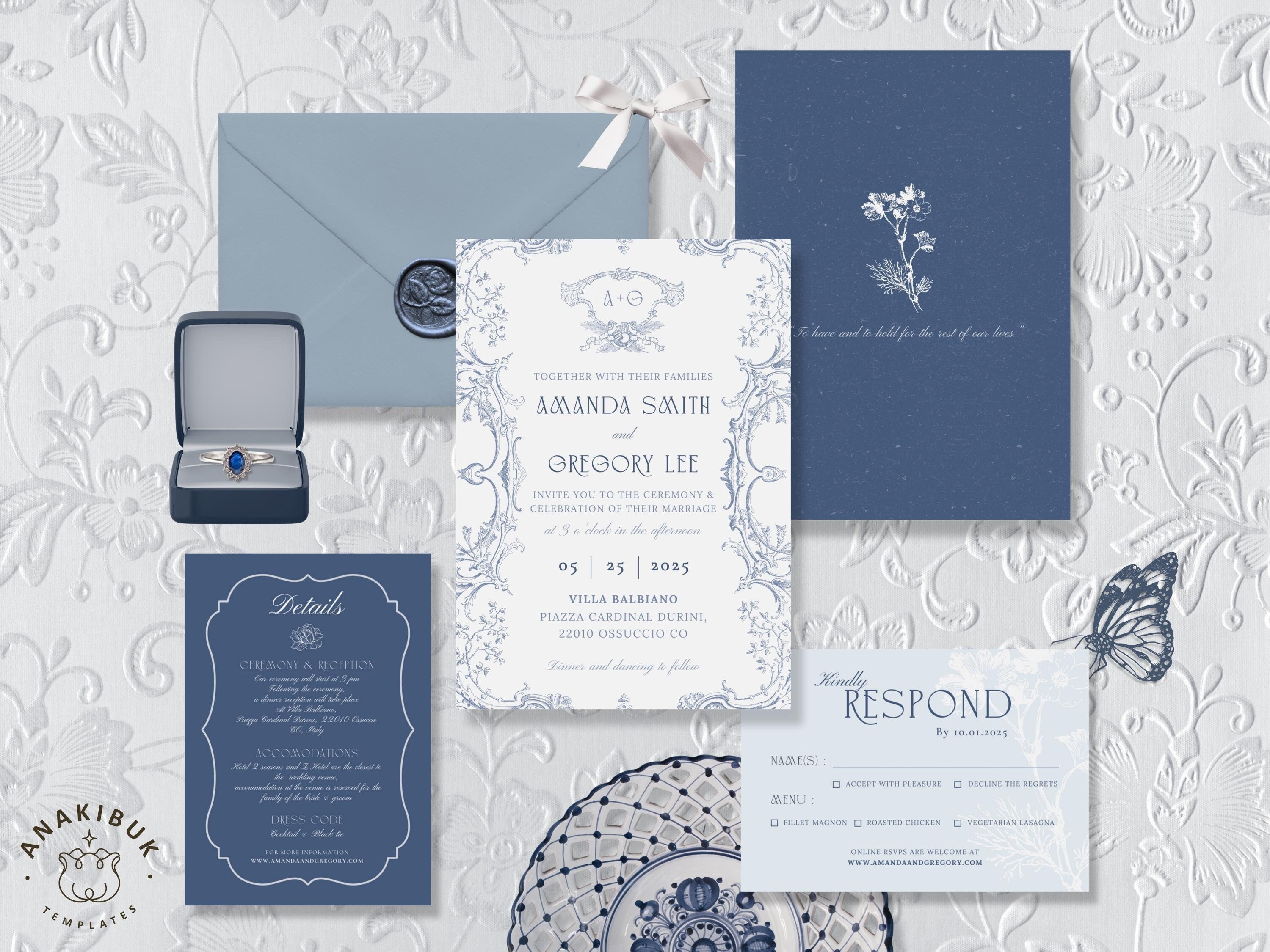 Romantic Regency Blue Wedding Invitation Suite With Floral Crest French ...