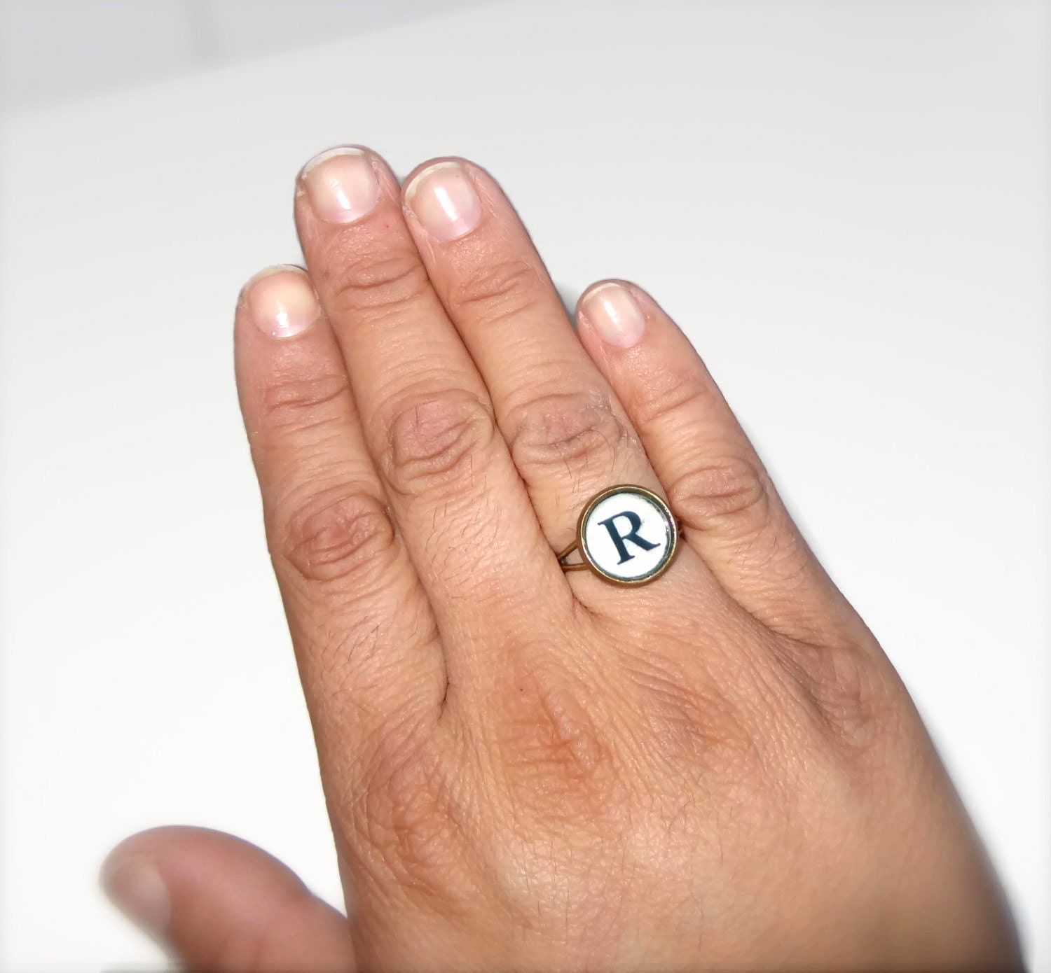 Ramona Typewriter Key Initial Letter Ring Antique Brass Adjustable ...