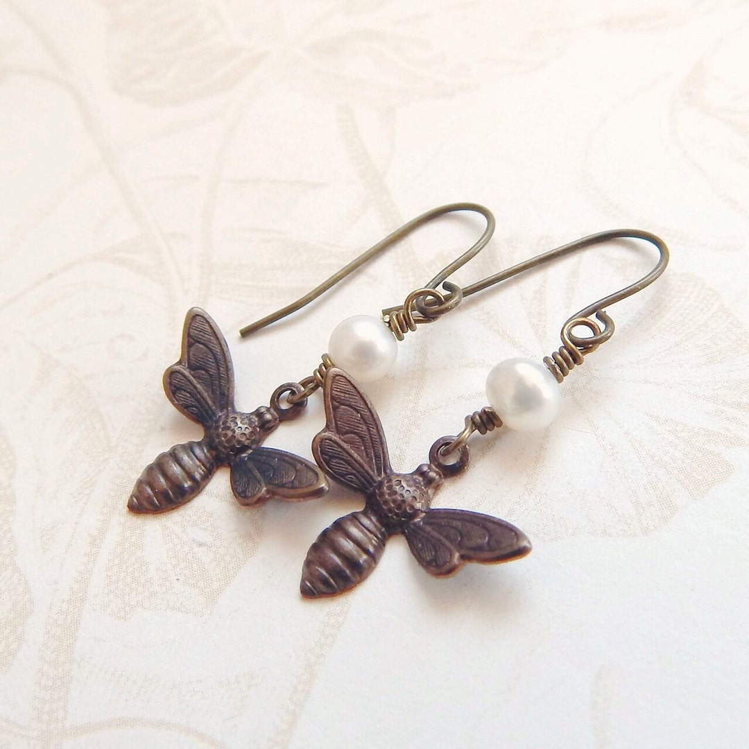 Adelina - Bee Earrings With White Pearls - Bee Jewelry - Bee Jewelry ...