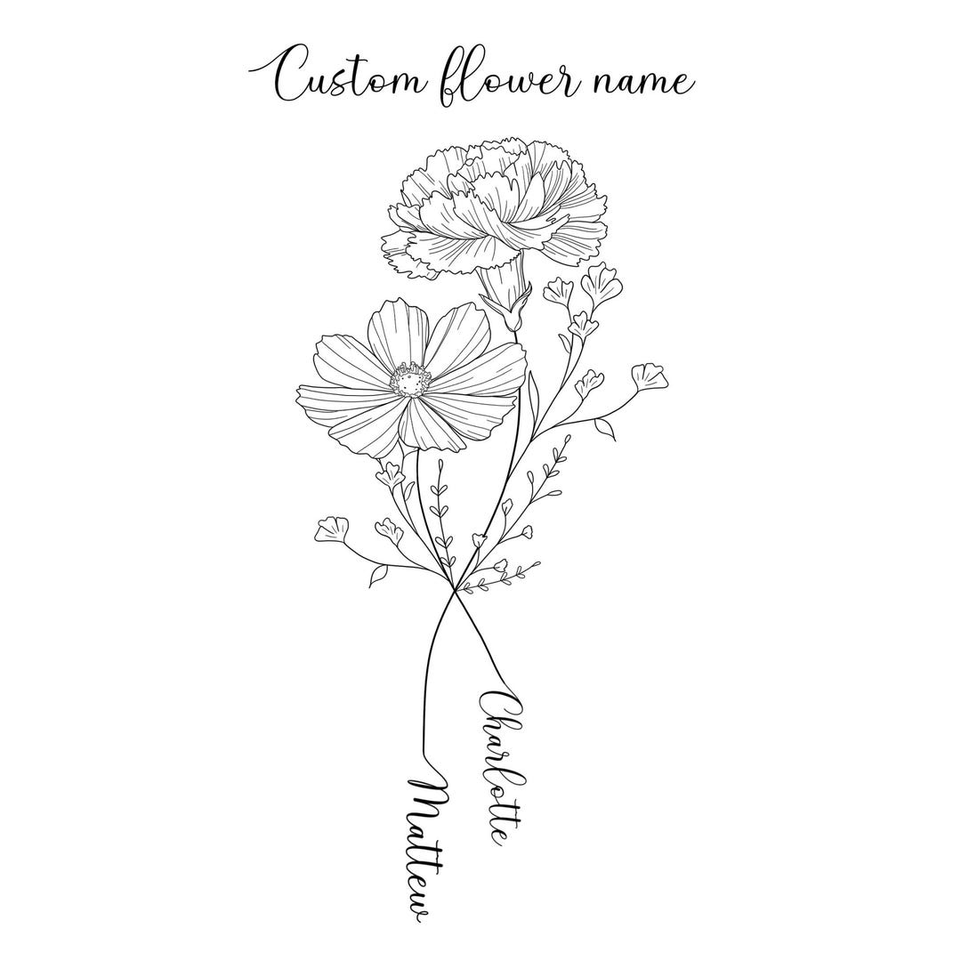 Custom Floral Name Design, Two Names Birth Month Flowers Tattoo Art ...