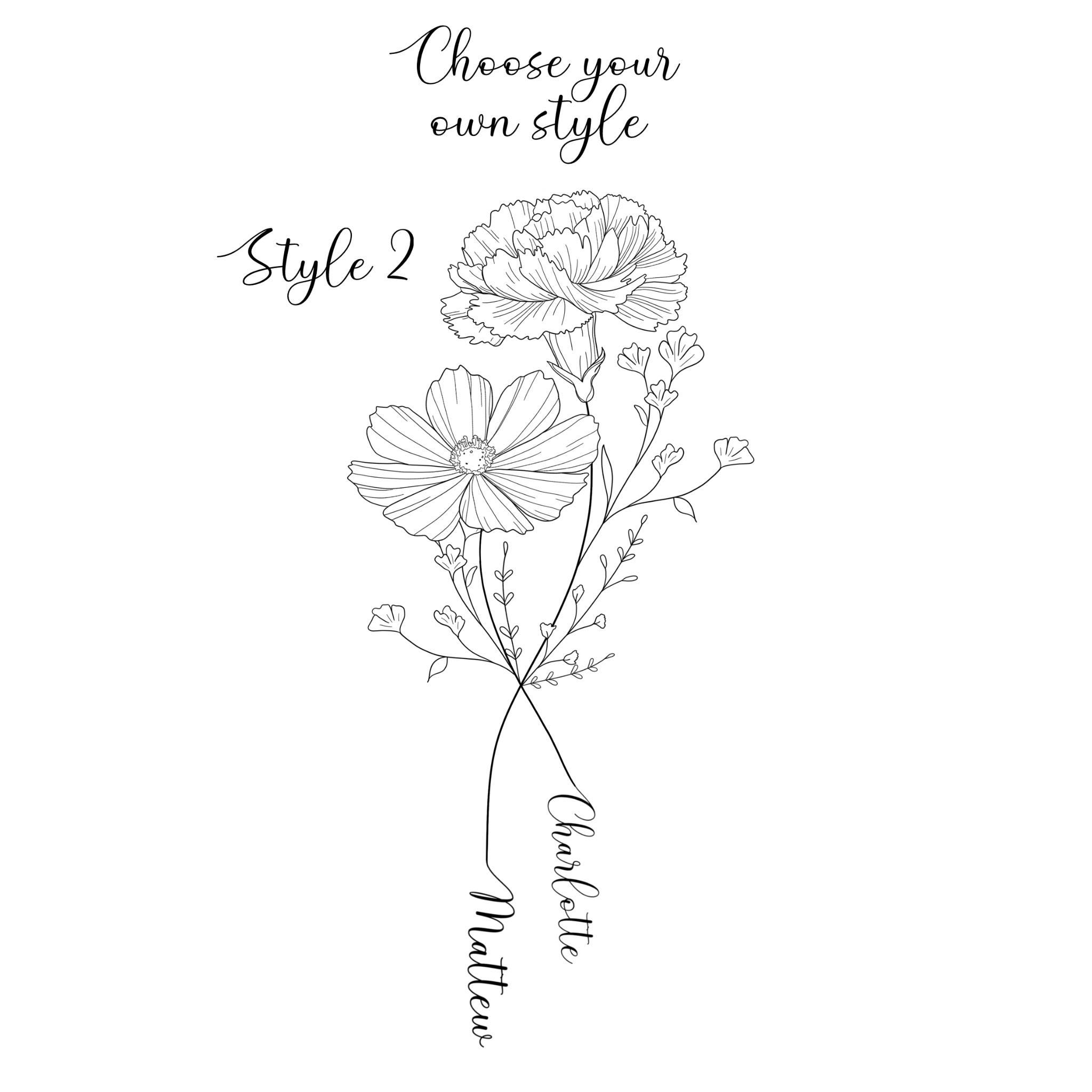 Custom Floral Name Design, Two Names Birth Month Flowers Tattoo Art ...
