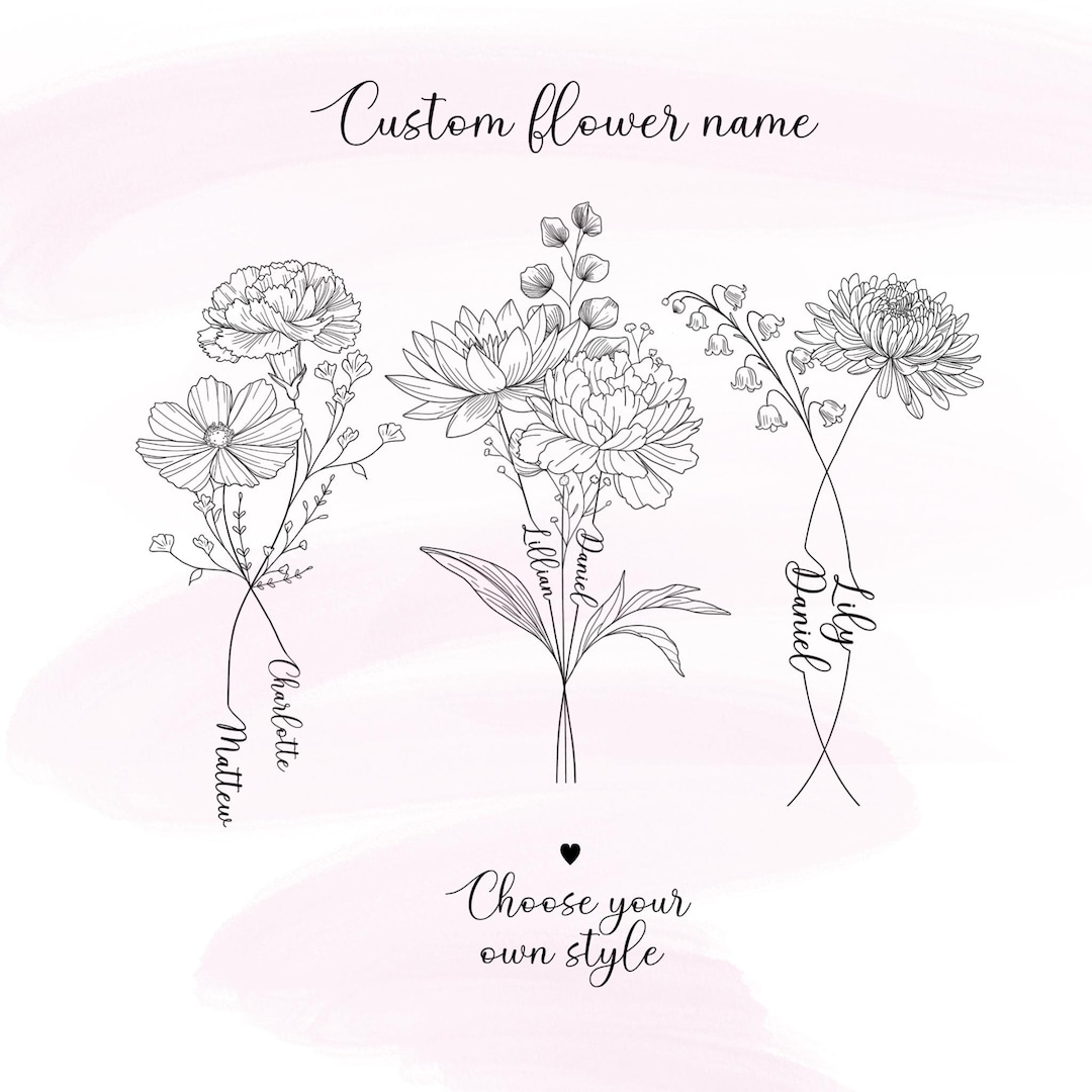 Custom Floral Name Design, Two Names Birth Month Flowers Tattoo Art ...
