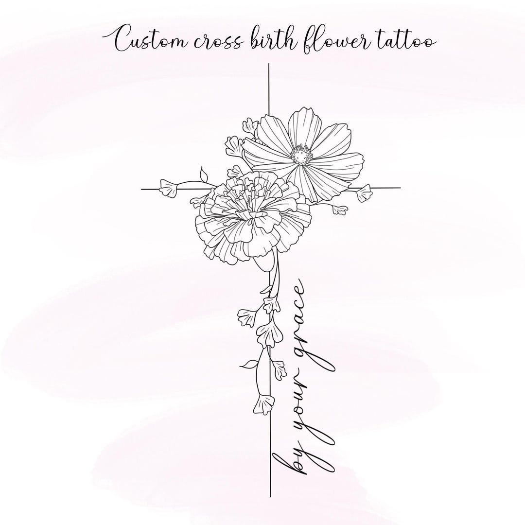 Unique Thin Line Cross Tattoo, Birth Flower Bouquet Art, Minimalist ...