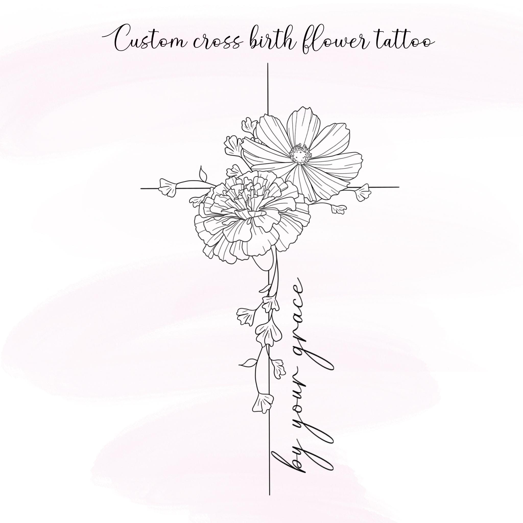 Unique Thin Line Cross Tattoo, Birth Flower Bouquet Art, Minimalist ...