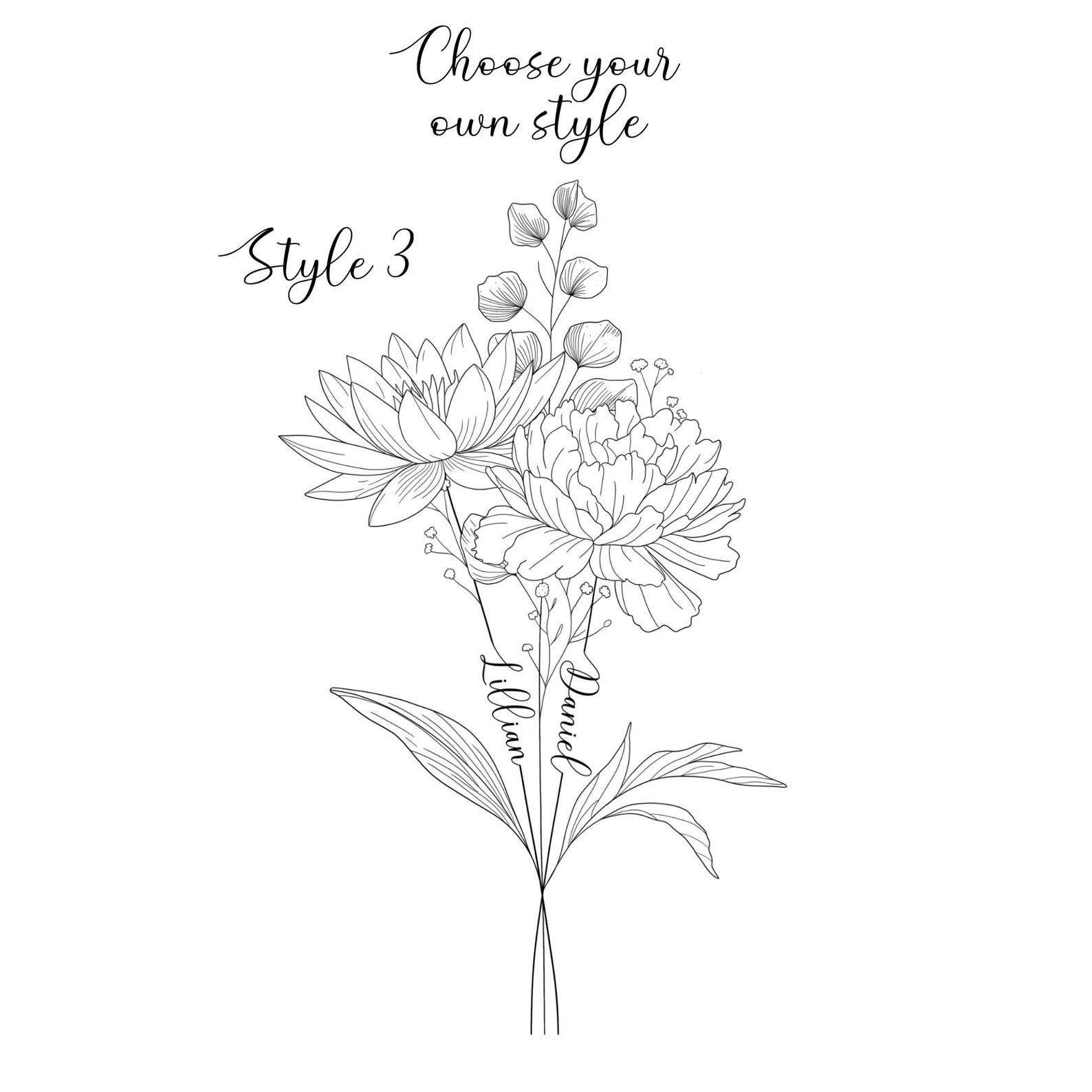 Custom Floral Name Design, Two Names Birth Month Flowers Tattoo Art ...