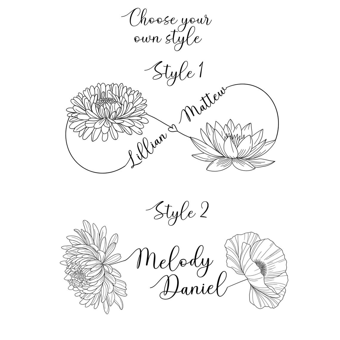 Custom Floral Name Design, Two Names Birth Month, Custom Lovers Gift ...