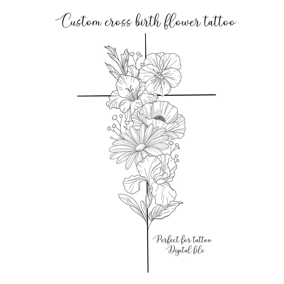 Delicate Custom Memorial Cross Tattoo Design, Dainty Flower Cross Birth ...