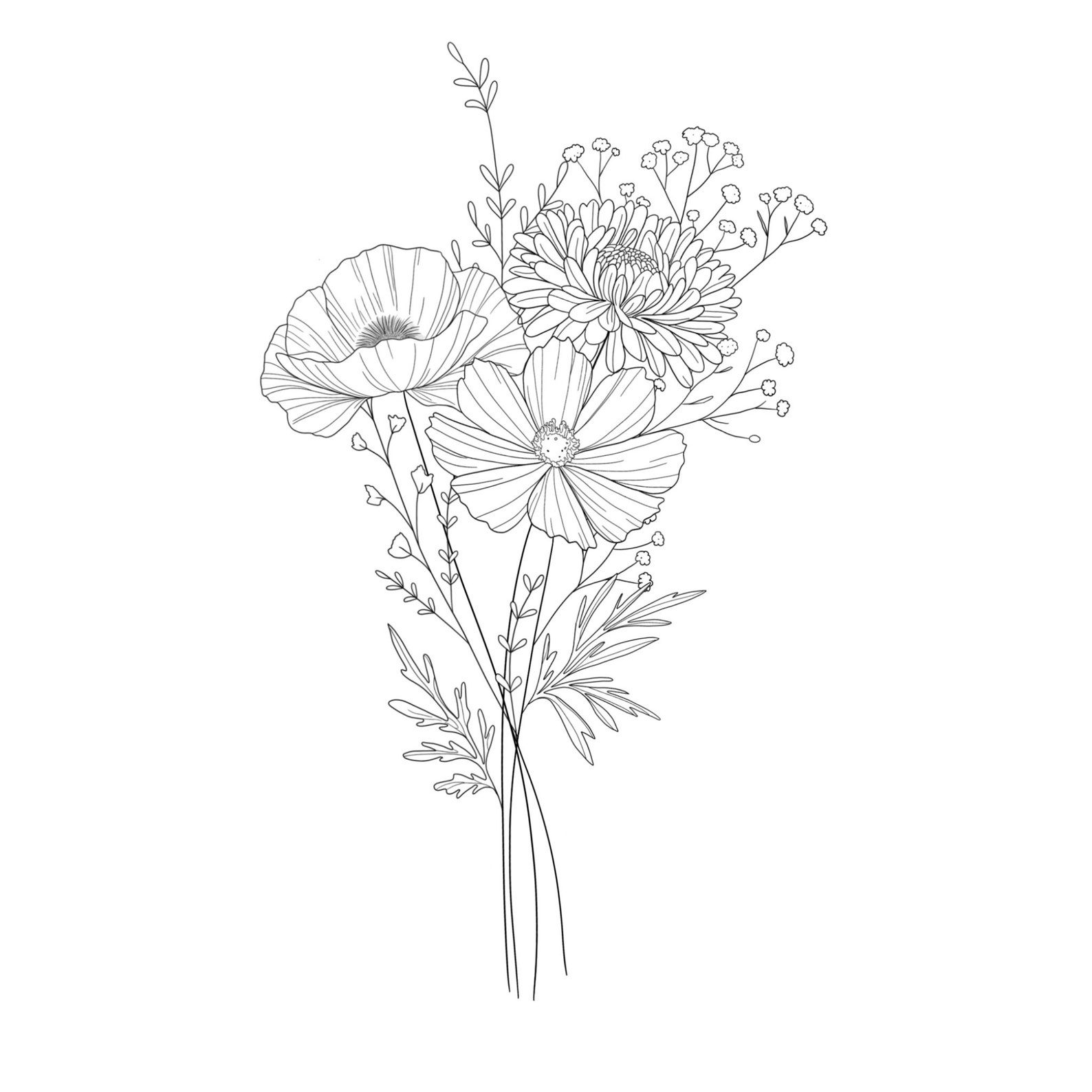 Birth Month Floral Line Art, Custom Delicate Birth Flower Tattoo ...