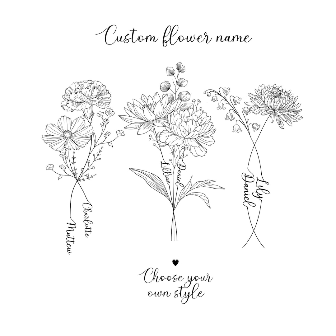 Personalised Floral Name Tattoo, 2 Names Birth Month Flowers Tattoo Art ...