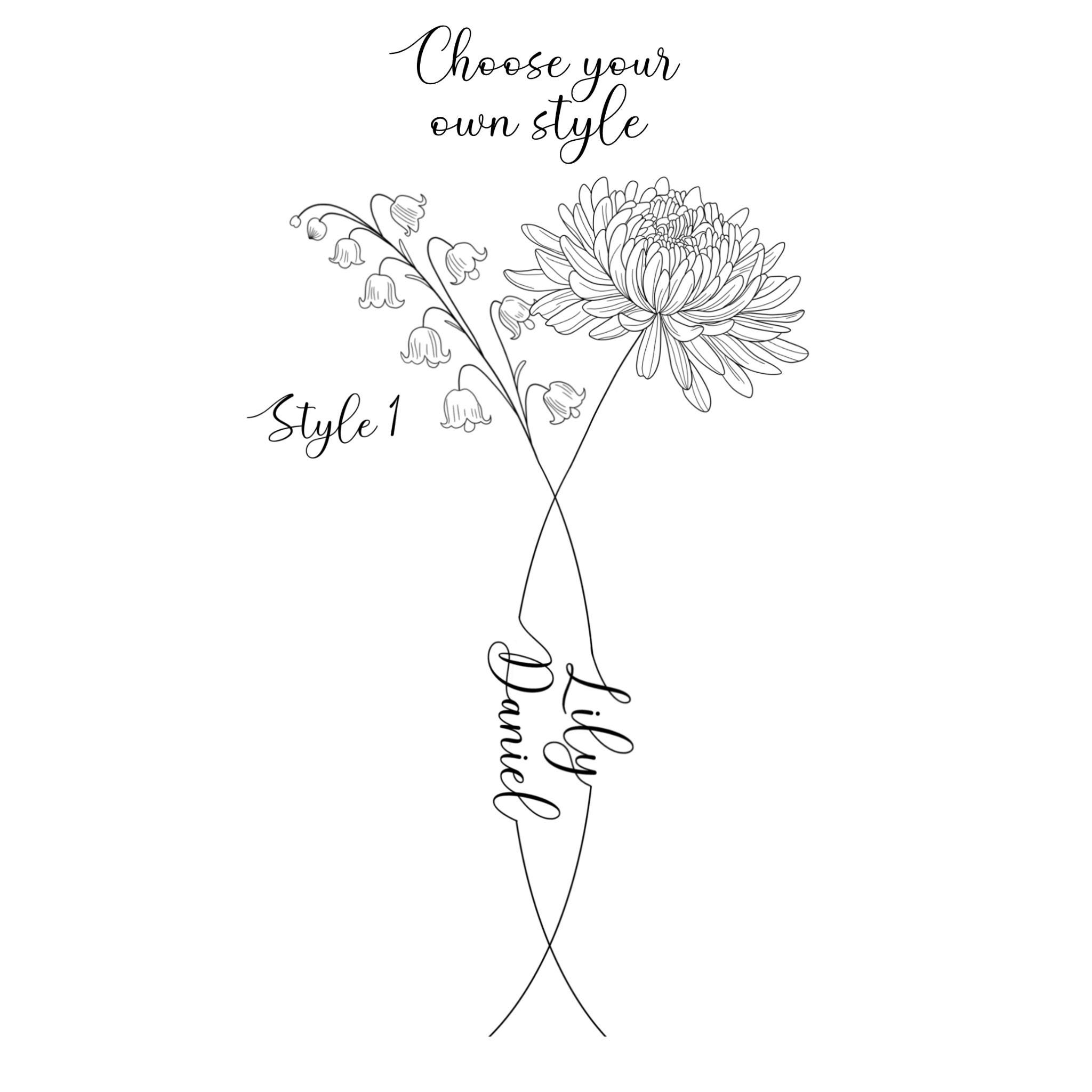 Custom Floral Name Design, Two Names Birth Month Flowers Tattoo Art ...