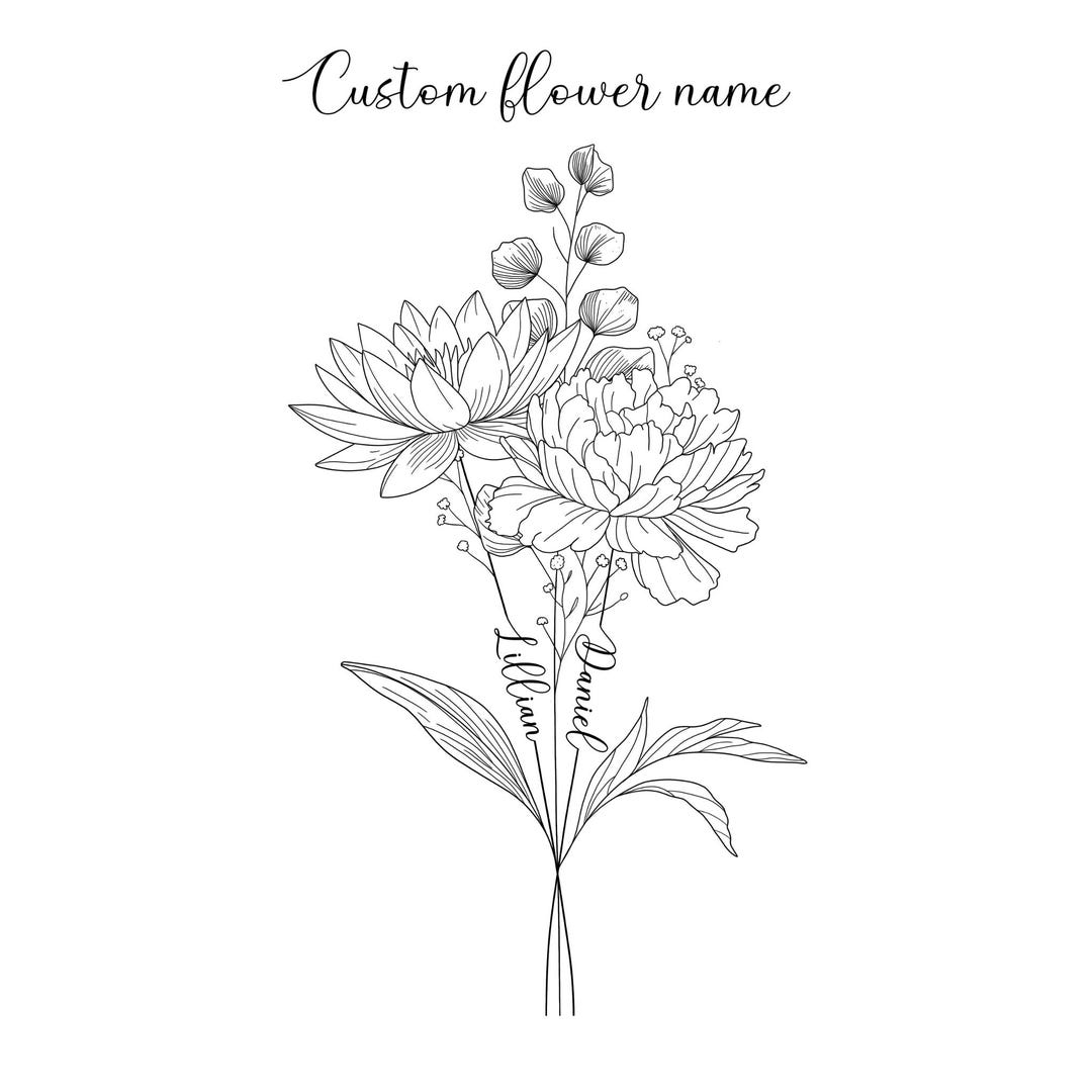 Customizable Floral Name Design, 2 Names Birth Month Flowers Tattoo Art ...