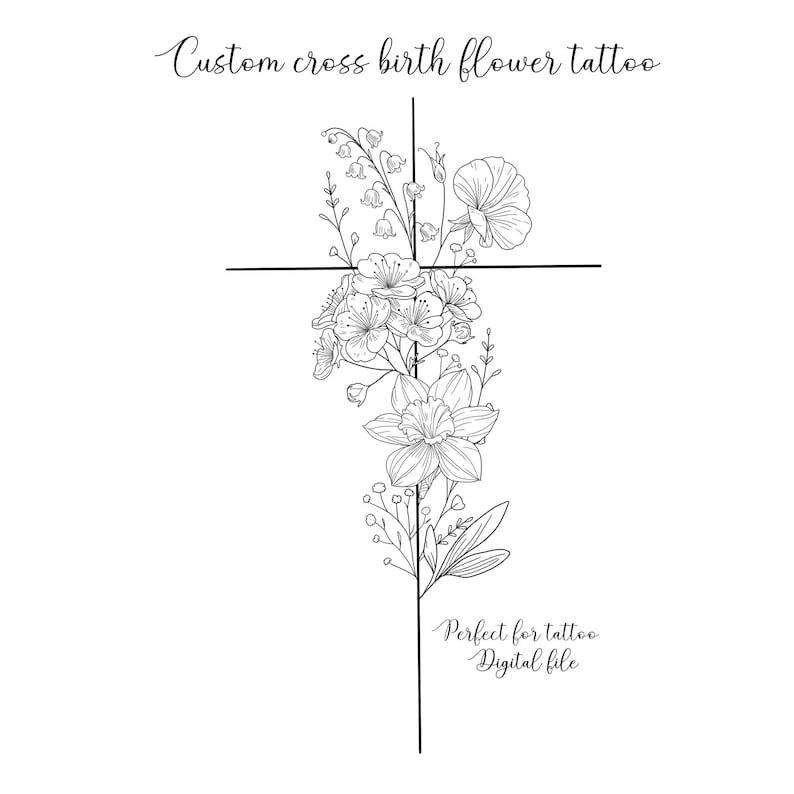 Custom Birth Flower Cross Tattoo Design: Family Memorial Loved Ones ...