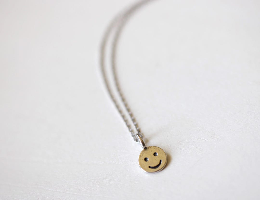 Smiley Face Charm Necklace- Happy Face Necklace, Oxidized Sterling ...