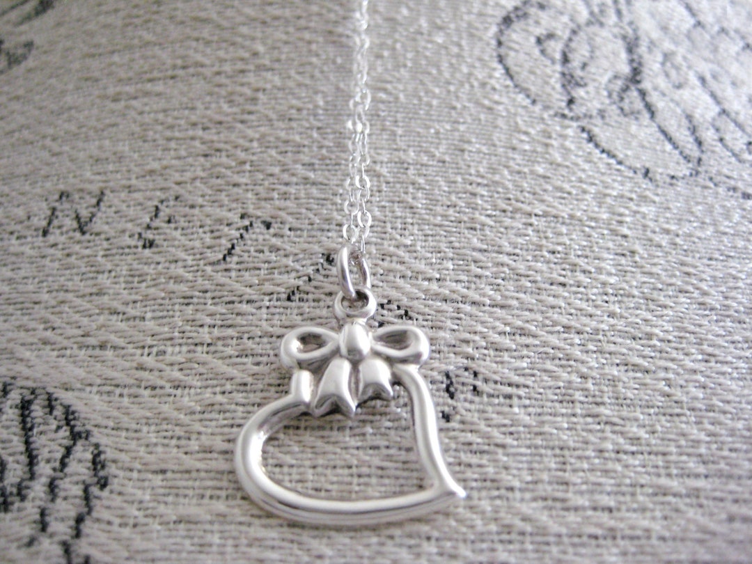 Silver Heart Necklace- Sterling Silver Heart Charm, Heart Bow Pendant ...