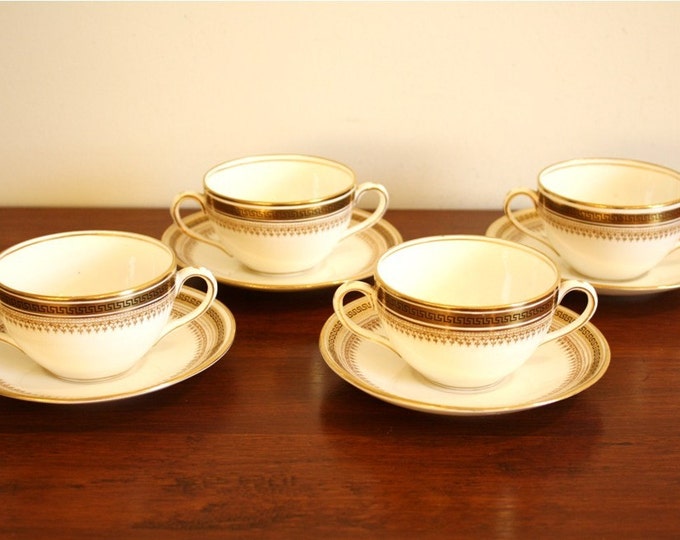 Set of 4 Greek Key Bouillon Tea Cups and Saucers, English Balmoral R ...