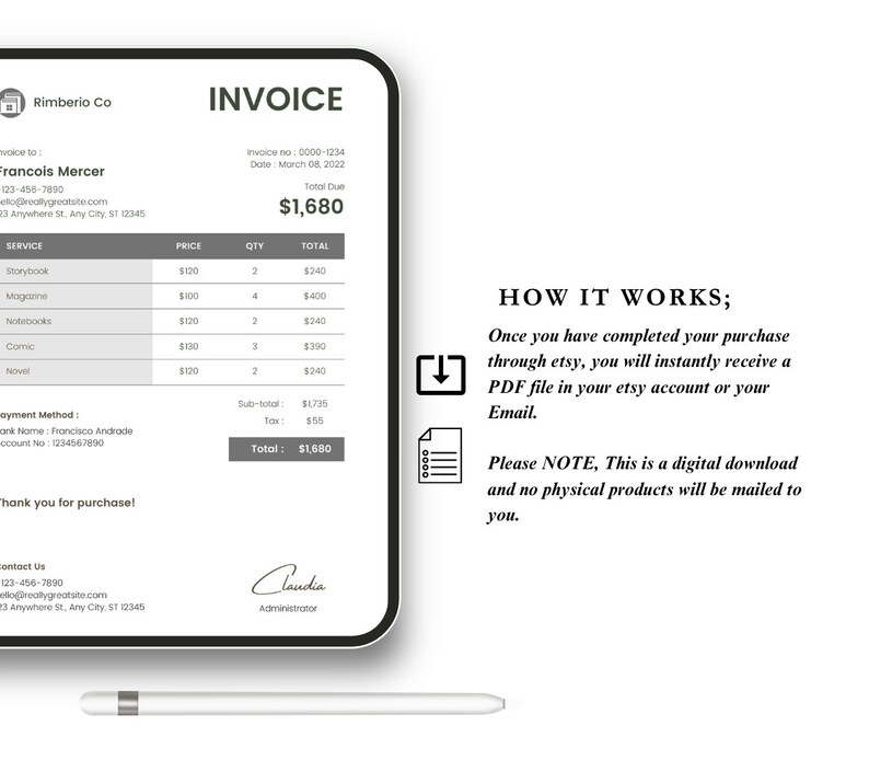 Simple Invoice Template, Clean Billing Sheet, Easy-to-use Receipt ...