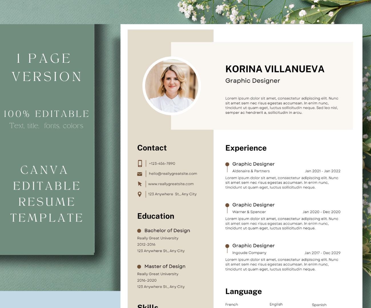 Minimalist Graphic Designer Resume Template: White & Beige CV (digital ...