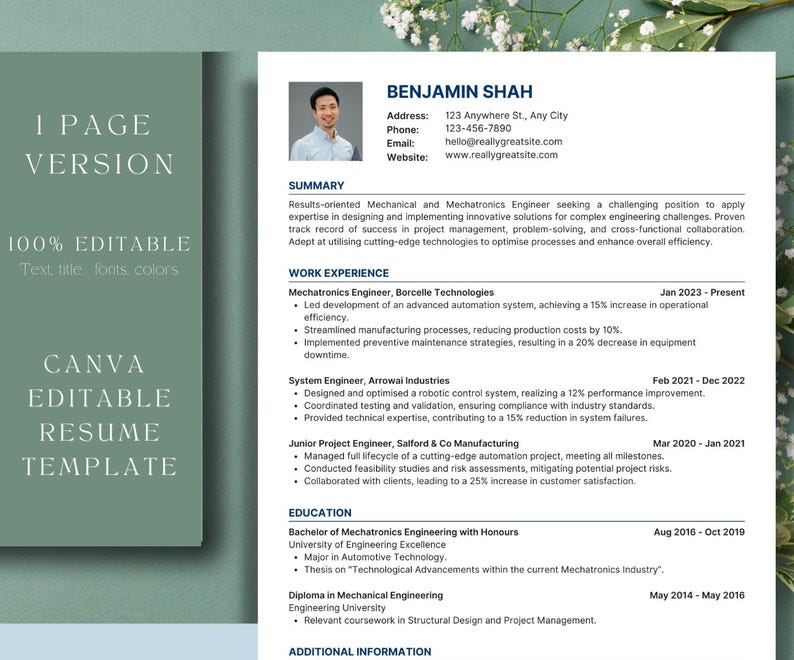 Modern Blue & White Resume Template: Clean CV Design (digital Download ...