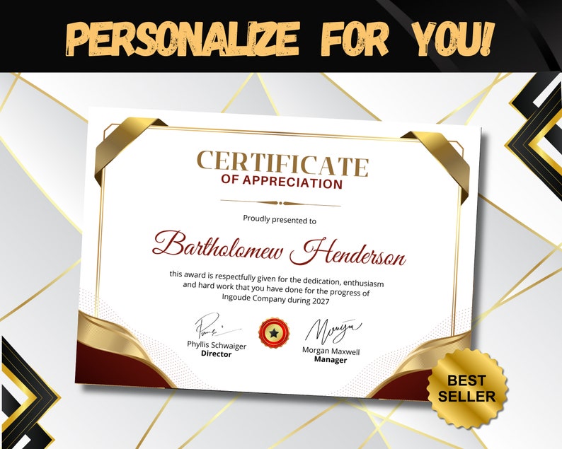 Personalized Certificate of Appreciation, Custom Recognition for ...
