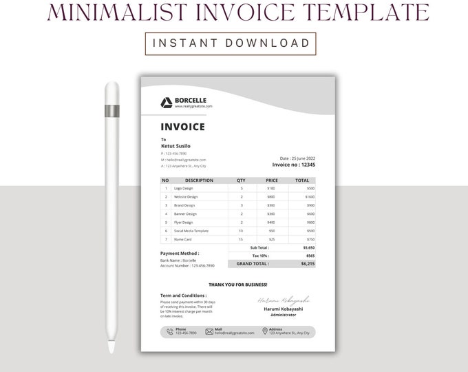 Editable and Printable Simple Minimalist Business Invoice - Etsy Canada