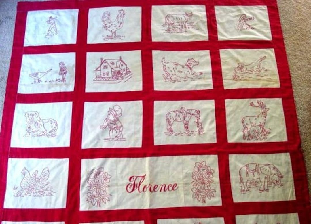 Vintage Redwork Embroidery Quilt Pattern 'florence '- Hand Stitching Guide for Traditional Red ...