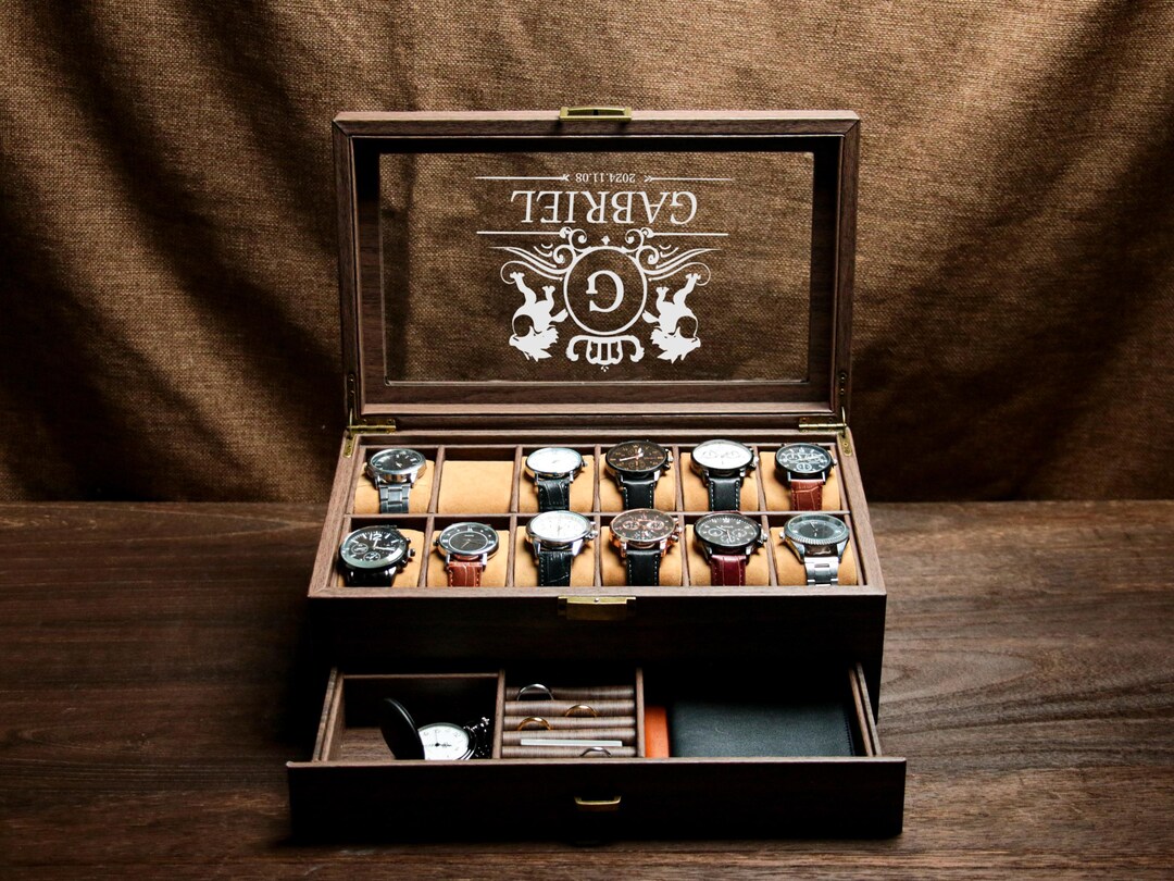 Personalized 12 Slots Wooden Watch Box, Engraved Watch Holder, Custom ...