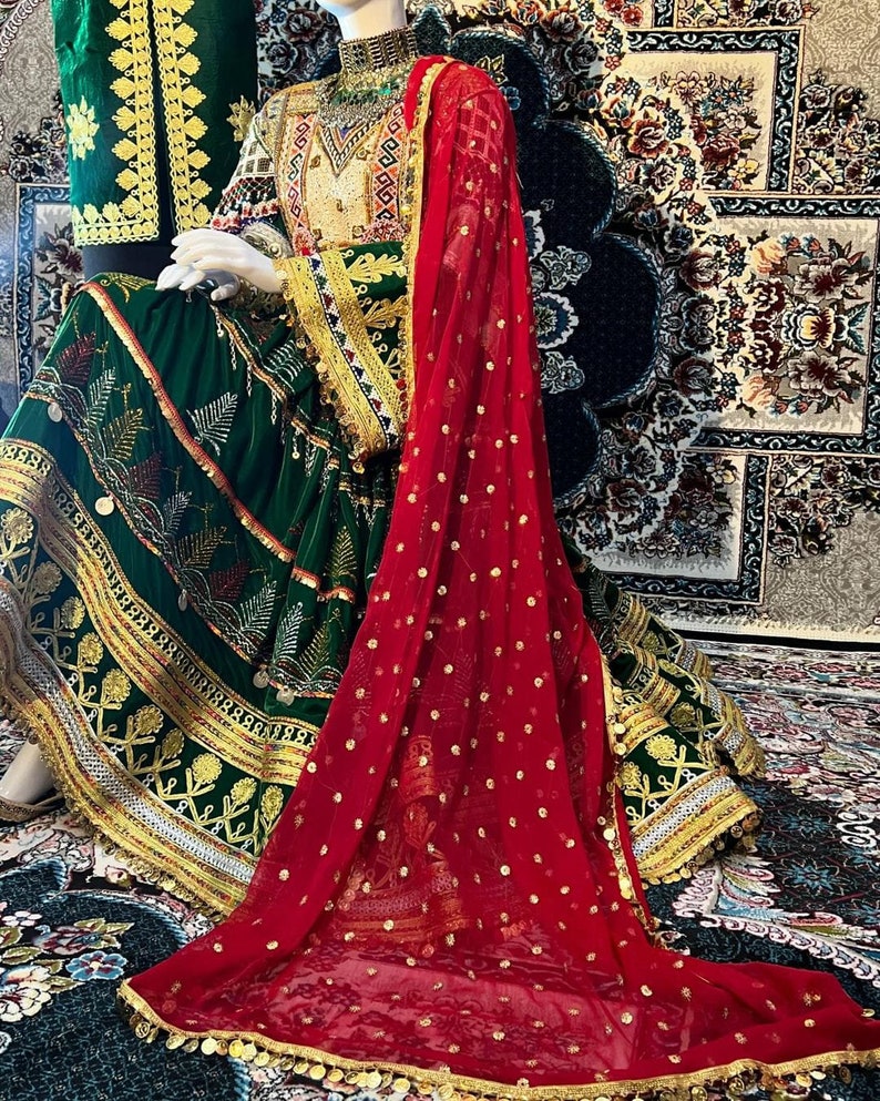 Traditional Long Green and Red Afghan Kochi Nikkah Dress and Wasket for ...