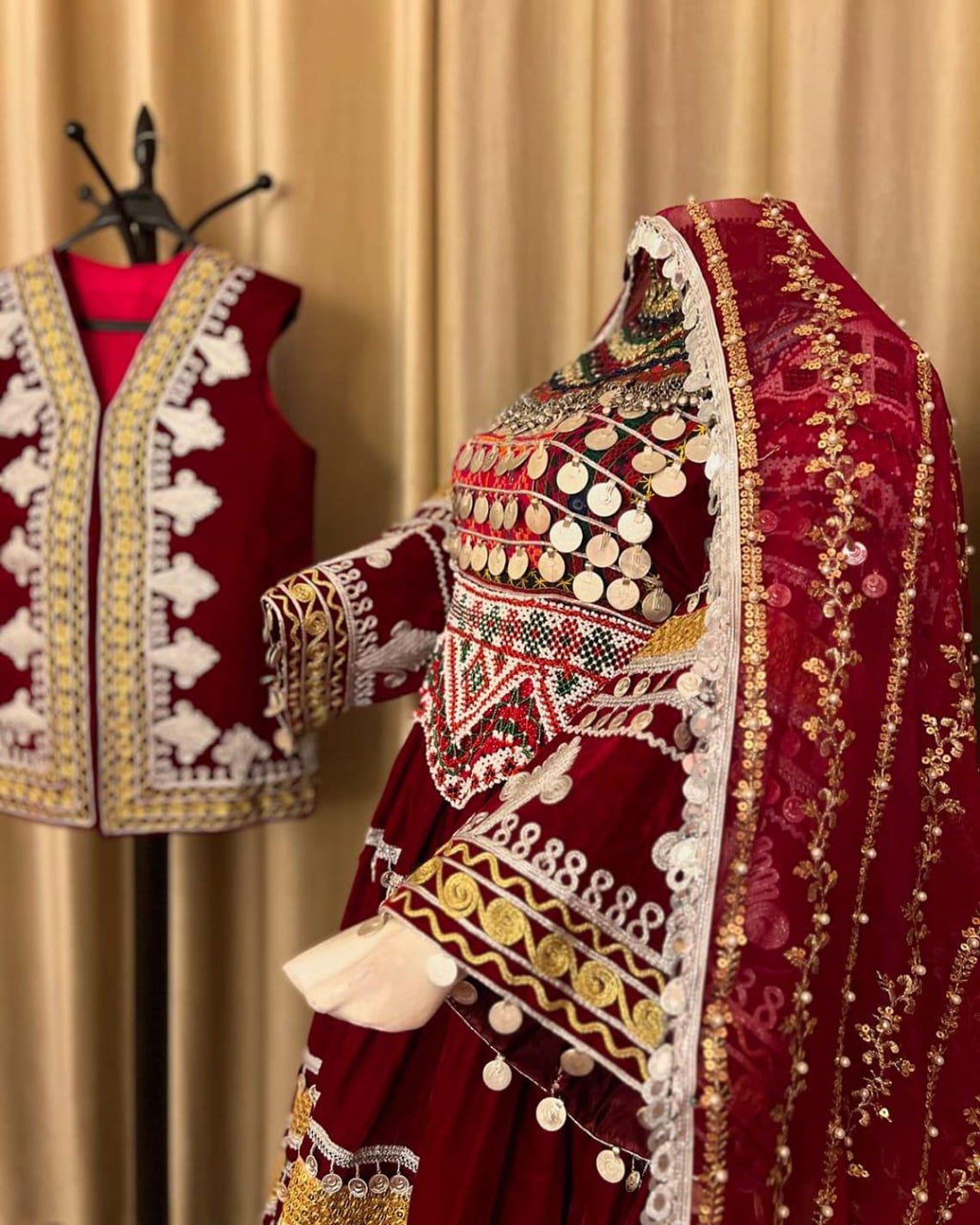 Red Afghan Long Tail Nikkah Dress and Waistcoat for Couple - Etsy