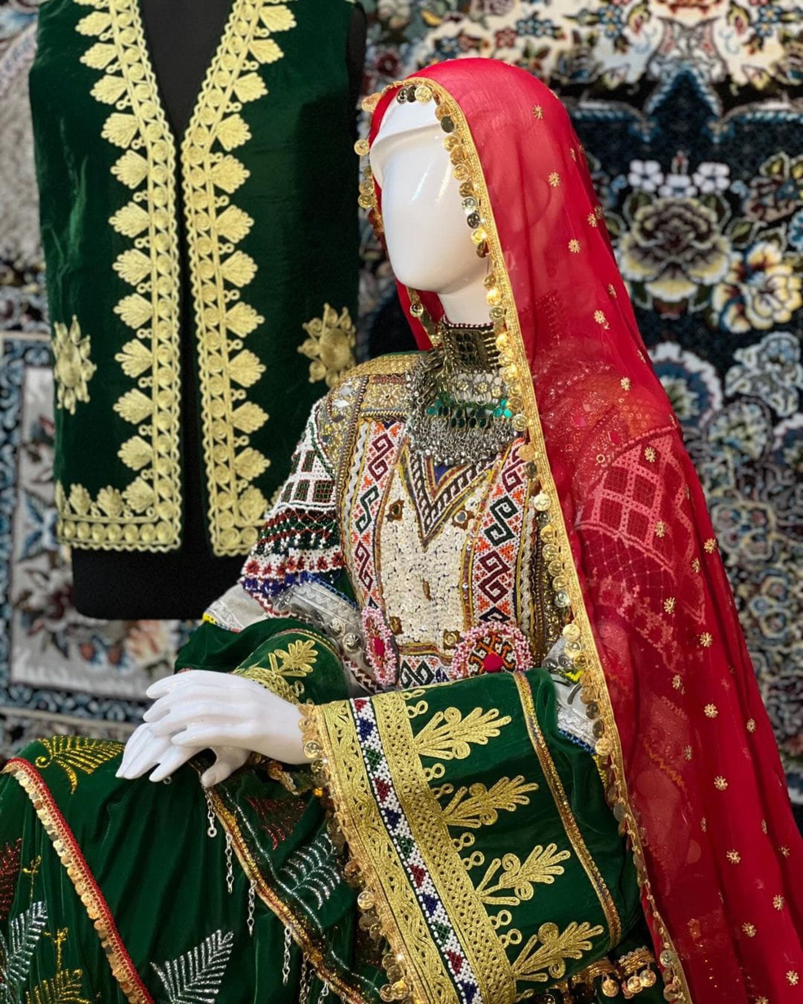 Traditional Long Green and Red Afghan Kochi Nikkah Dress and Wasket for ...
