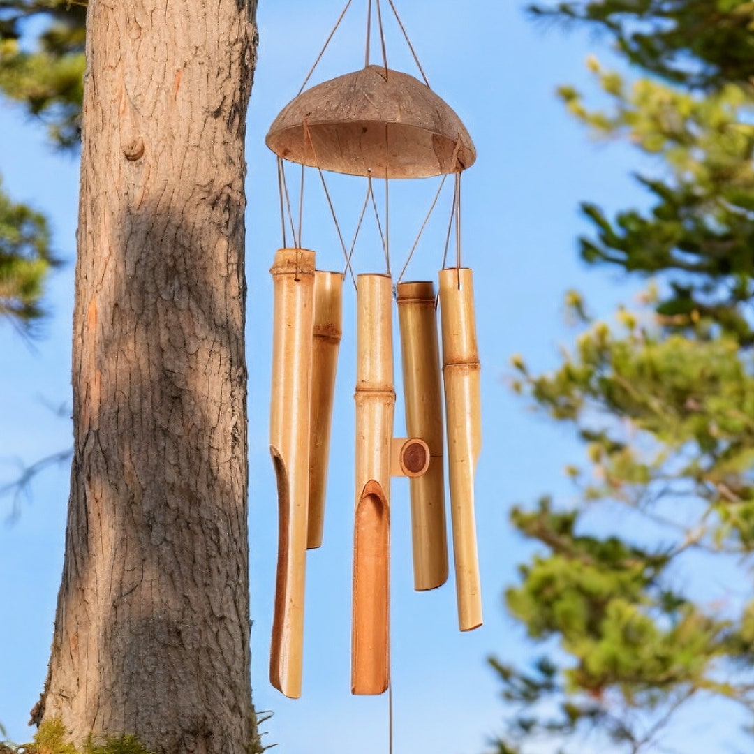 Bamboo Wind Chime, Natural Coconut Shell, Bamboo Windchime, Outdoor ...
