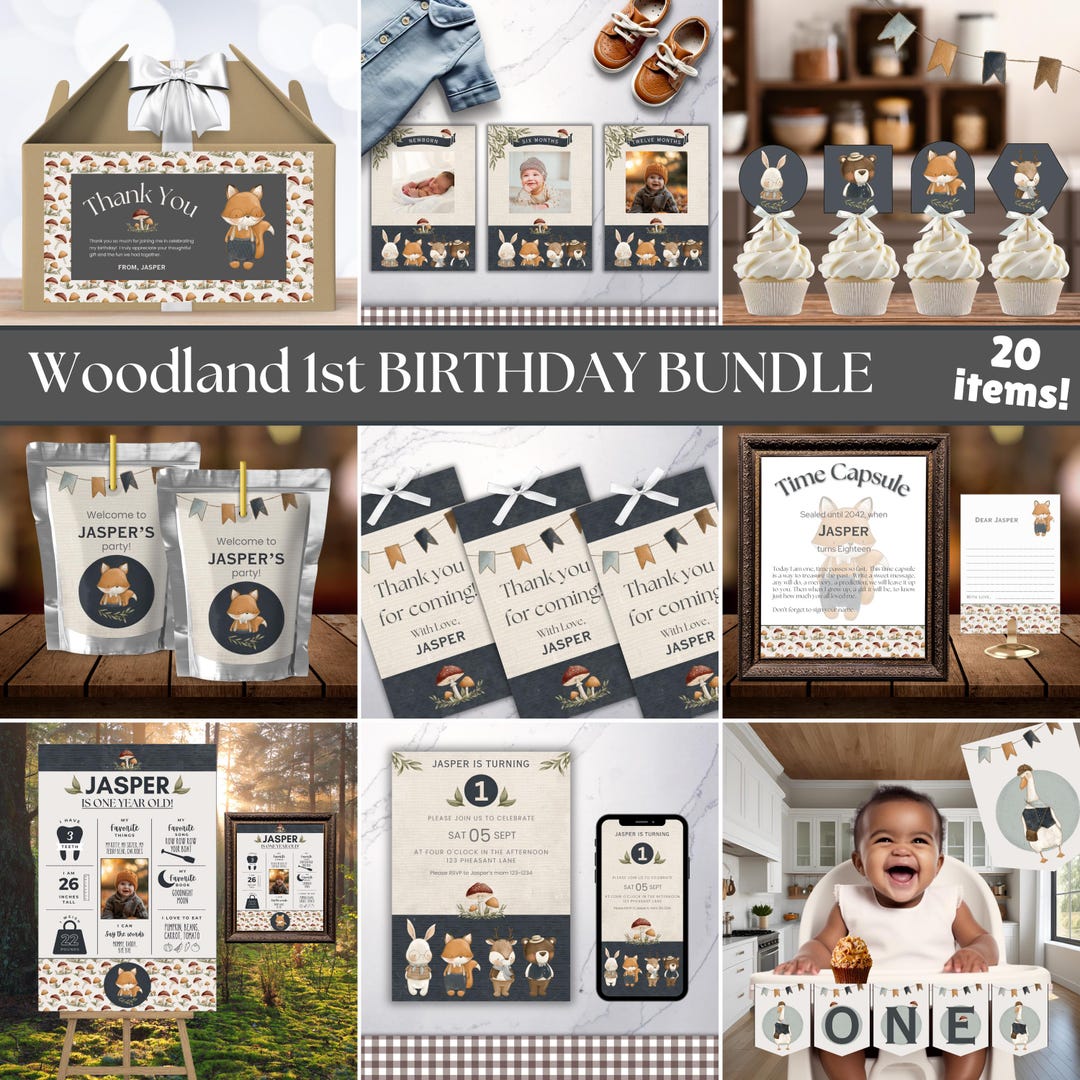 Woodland Animals Birthday Bundle, Boys First Birthday Bundle, Editable ...