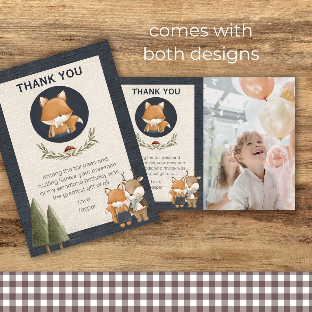 Woodland Animals Thank You Card Template, Birthday Photo Thank You Card ...