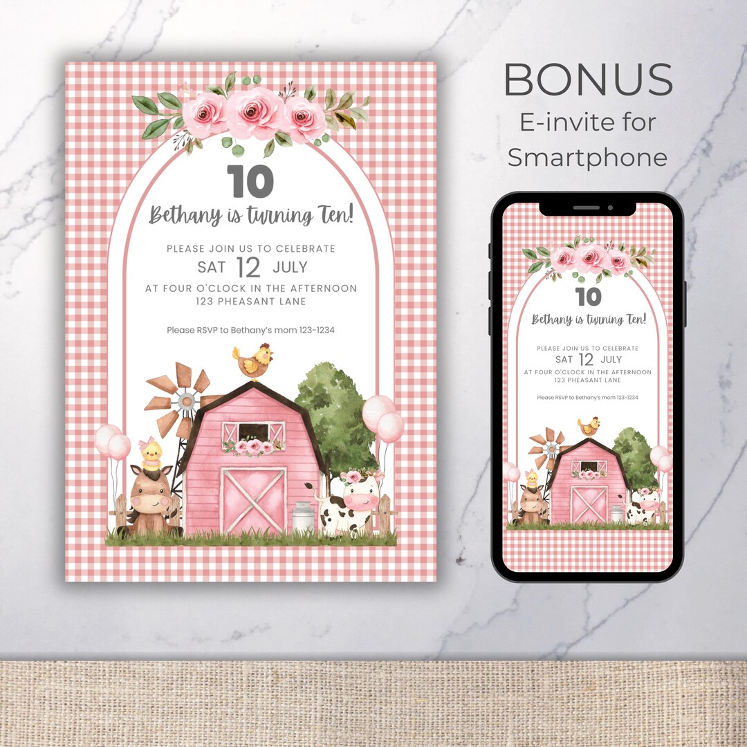 Pink Farm Invitation Template, Pink Gingham Birthday Invitation, Girl ...