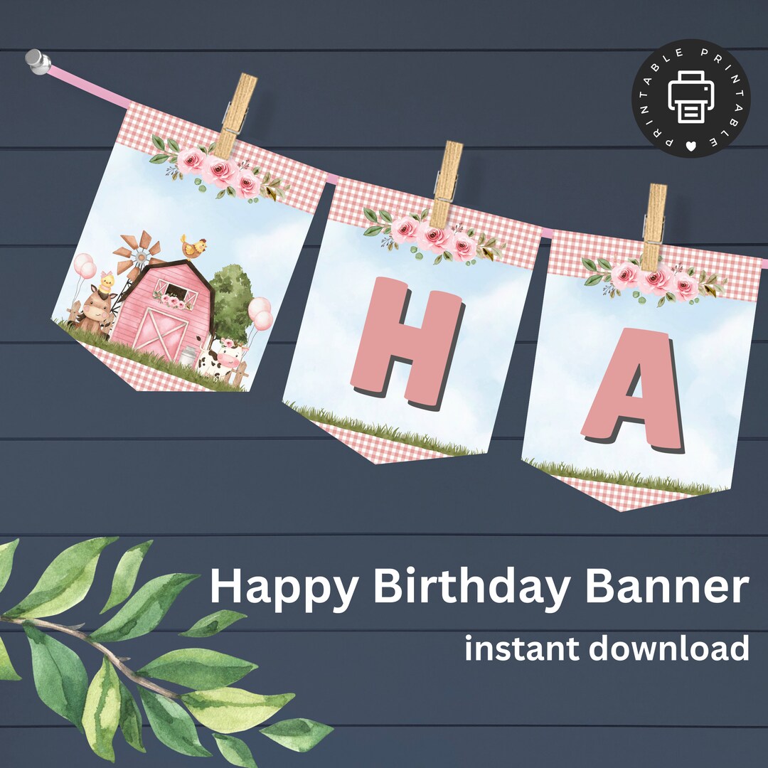 Pink Farm Bunting Banner, Instant Download, Bunting Banner Printable ...
