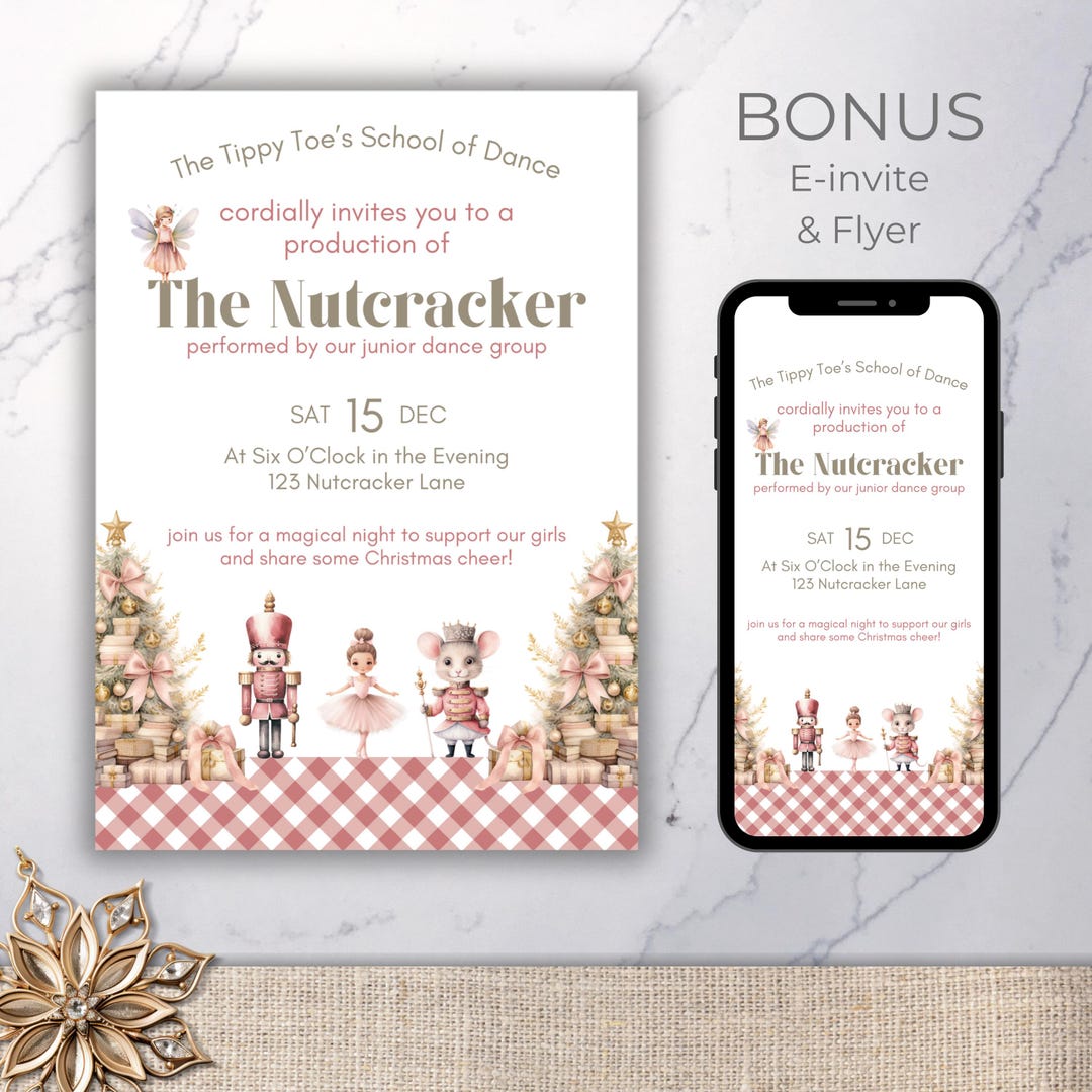 Nutcracker Ballet Recital Invitation, Dance School Flyer, Christmas ...